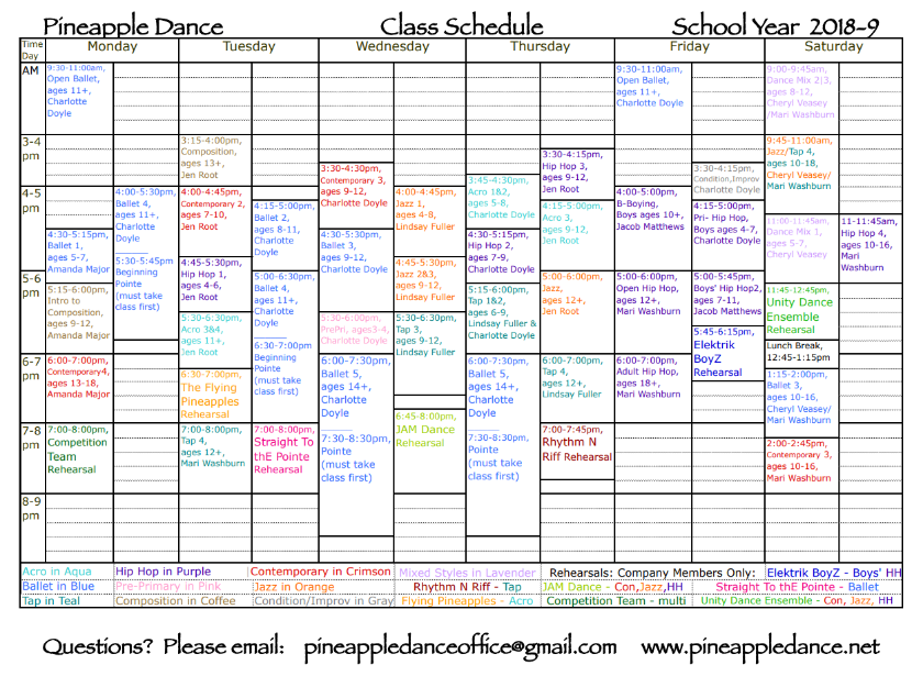 School Calendar, Pineapple Dance Studio, Amherst Ma